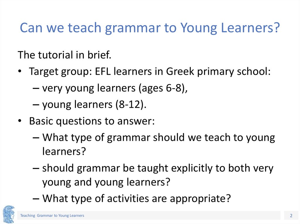 Teaching Grammar To Young Learners Online Presentation